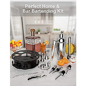 Bokhot Bartender Kit, 14 Piece Cocktail Shaker Set Stainless Steel Bar Tools with Rotating Stand, 25 oz Shaker Tins, Jigger, Spoon, Pourers, Muddler, Strainer, Tongs, Bottle Stoppers, Opener, Recipes
