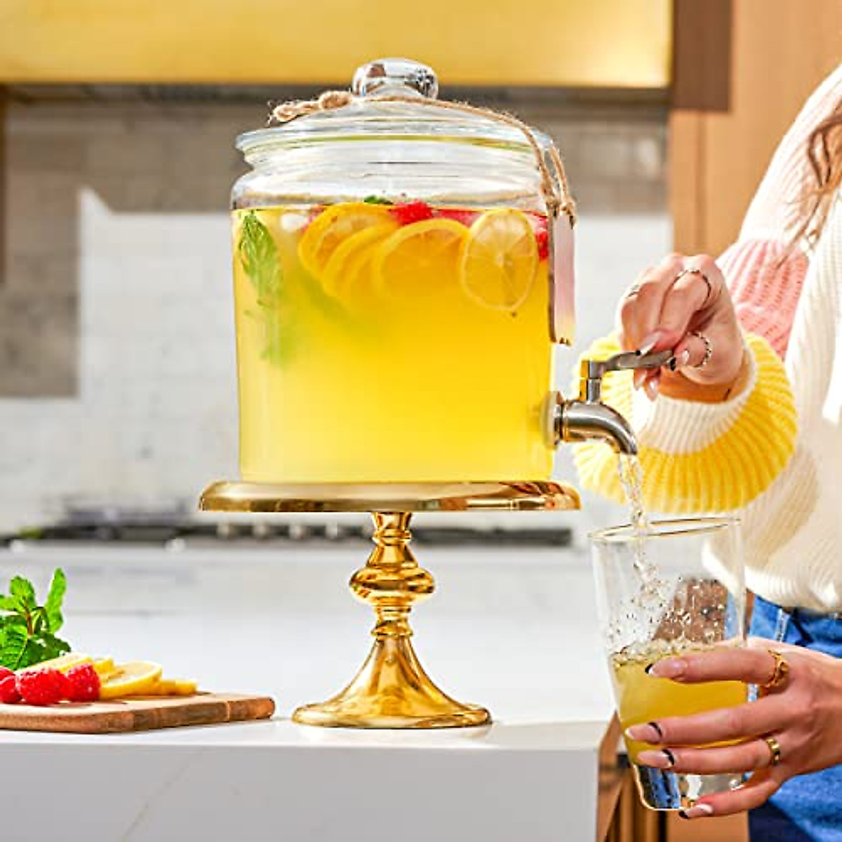 1 Gallon Beverage Dispenser with Stainless Steel Spigot + Marker & Chalkboard 100% Leakproof Glass Drink Dispenser for Parties with Spout, Airtight Beverage Serveware for Water, Juice, Laundry