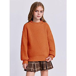 Imily Bela Girls Turtleneck Sweaters Kids Batwing Sleeve Knit Clothes Chunky Pullover Jumper A-Orange