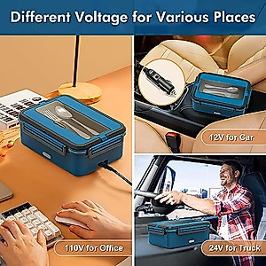 PHIPRIME Electric Lunch Box 80W Fast Heating, 61oz X-Large Heated Lunch Box for Adults with Salad Box, Fork & Spoon, 2 Leak-proof Lids, Dishwasher Safe Self Heating Lunch Box for Work