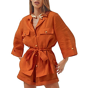 Fixmatti Womens Button Down Shirt and Shorts Set V Neck Half Sleeve Belted Sweatsuits Linen Outfits Orange M