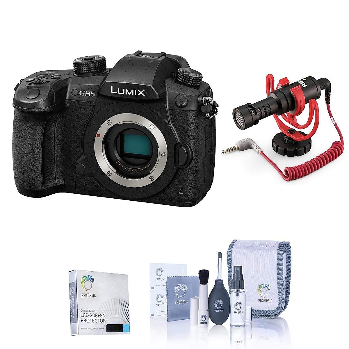 Panasonic LUMIX GH5 4K Mirrorless Digital Camera, 20.3 Megapixel, DC-GH5 (Black), Bundle with Panasonic V-Log L Function Firmware Upgrade Kit, Rode VideoMic, LCD Protector, Cleaning Kit + Cloth