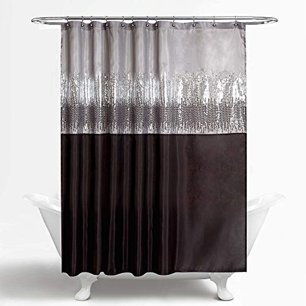 Lush Decor Night Sky Shower Curtain Sequin Fabric Shimmery Color Block Design for Bathroom, 72" x 72", Black & Gray