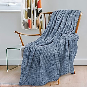 PAVILIA Soft Flannel Fleece Blanket Throw Dusty Blue, Textured Decorative Velvet Blanket for Couch Sofa Bed, Fuzzy Plush Cozy Warm Lightweight Microfiber Throw, Jacquard Weave Leaves Pattern 50x60