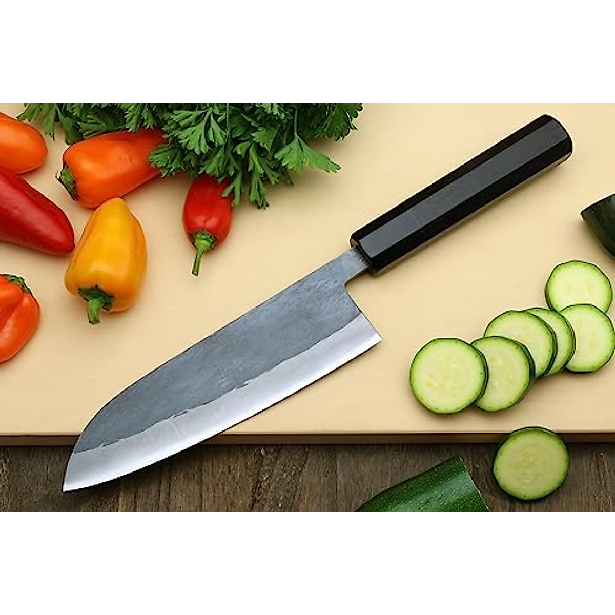 Yoshihiro Kurouchi Black-Forged Blue Steel Stainless Clad Santoku Multipurpose Knife Ebony Handle (6.5'' (165mm) & Saya)