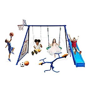 Fitness Reality Kids 6 Station Sports Metal Swing Set for Backyard with Slide Seesaw, Saucer Swing, Basketball Hoop, and Soccer Rebounder (8413)
