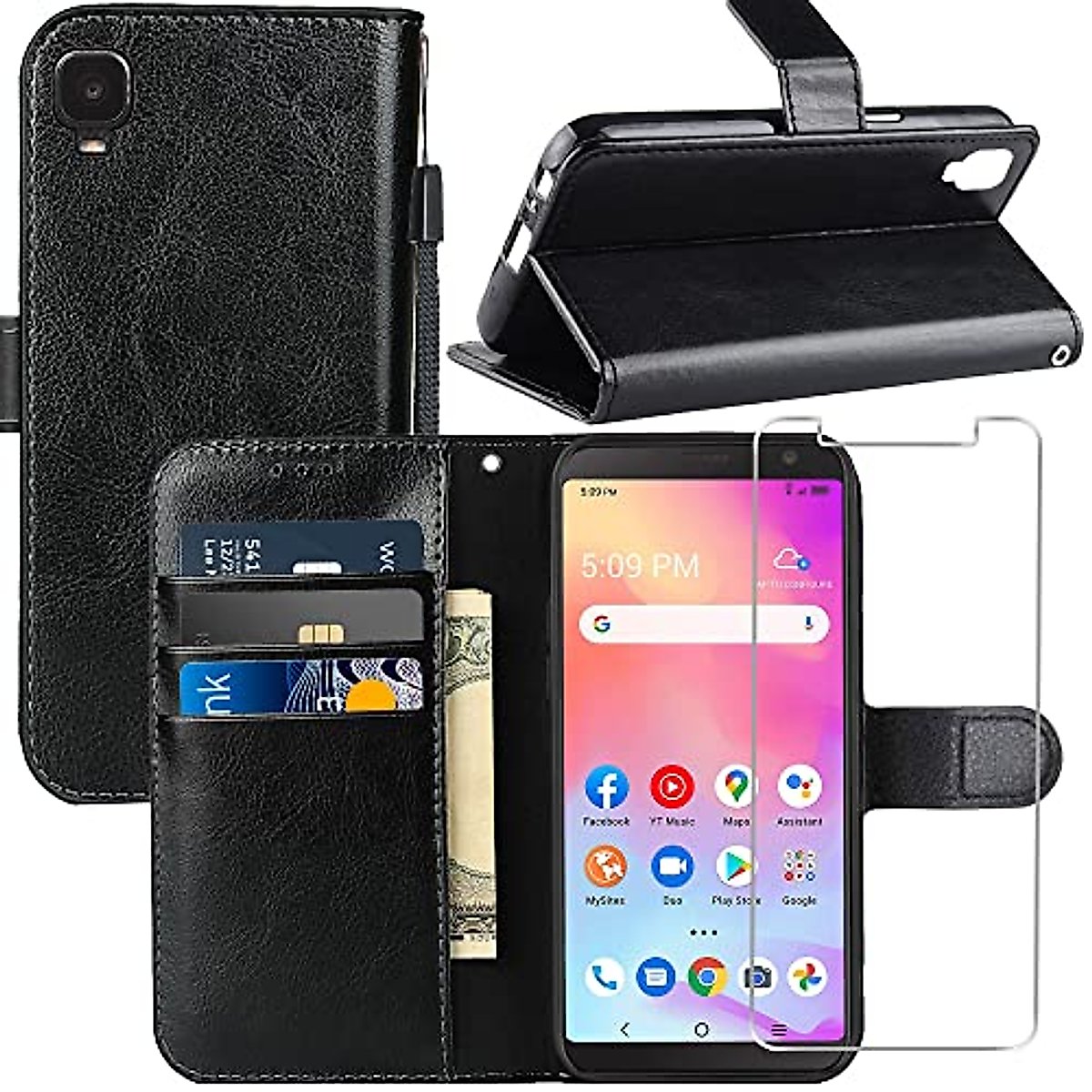 YJROP for Alcatel TCL A3 (A509DL) Case, Alcatel TCL A3 Wallet Case, with Screen Protector,PU Leather Wrist Strap Card Slots Soft TPU Protective Flip Cover Phone Case for Alcatel TCL A3 5.5",Black