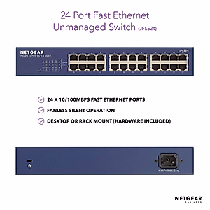 NETGEAR 24-Port Fast Ethernet 10/100 Unmanaged Switch (JFS524) - Desktop/Rackmount, and ProSAFE Limited Lifetime Protection