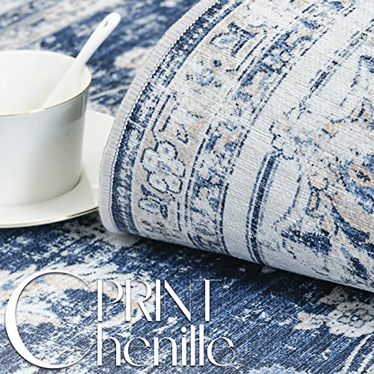 jinchan Area Rug 8x10 Persian Rug Washable Boho Living Room Rug Floral Print Large Rug Indoor Soft Distressed Foldable Carpet Thin Rug Bedroom Dining Room Office Farmhouse Dark Blue