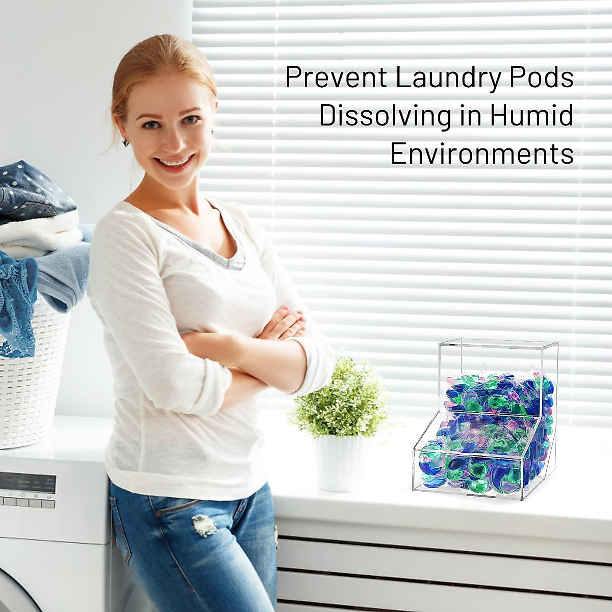 BSSOYAMM Laundry Pods Container, Acrylic Laundry Pods Holder with 2 Lid, Adhesive Dishwasher Pods Dispenser, Clear Laundry Room Organization Storage for Clothes Pins, Dryer Balls, Snack, Candy