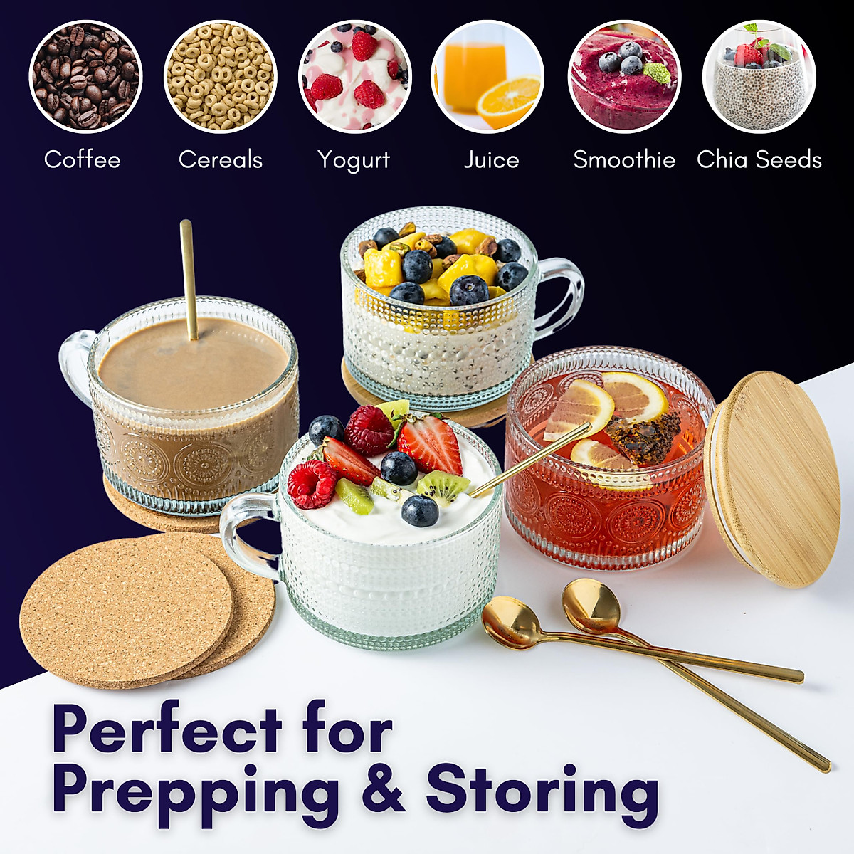 Scoozee Vintage Glass Coffee Mugs (4Pcs, 14oz), Overnight Oats Containers with Lids and Spoons, Clear Embossed Glass Cups | Coffee Bar Accessories, Gifts for Women, White Elephant Gifts