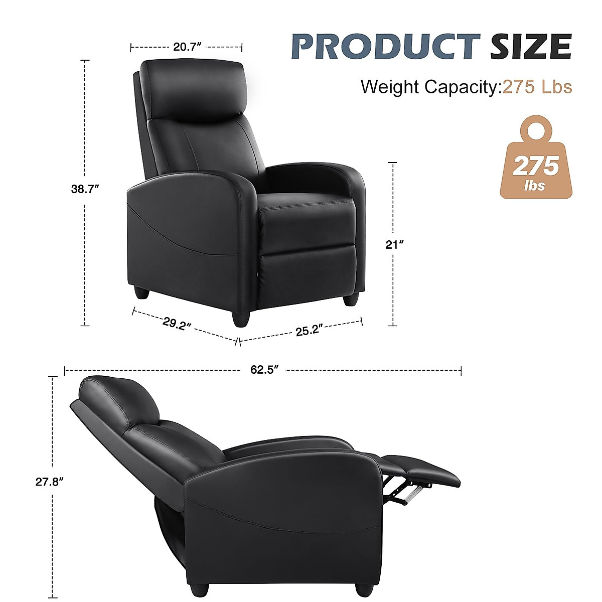 Recliner Chair for Adults, Massage Reclining Chair for Living Room, Adjustable Modern Recliners Chair, Home Theater Seating Single Sofa Recliner with PU Leather Padded Seat Backrest (Black)