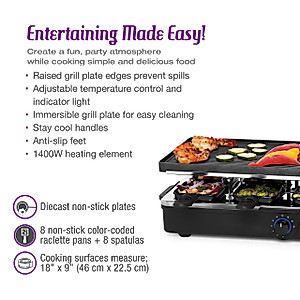 Salton Raclette Indoor Electric Party Grill & Raclette, 8 Person, Black