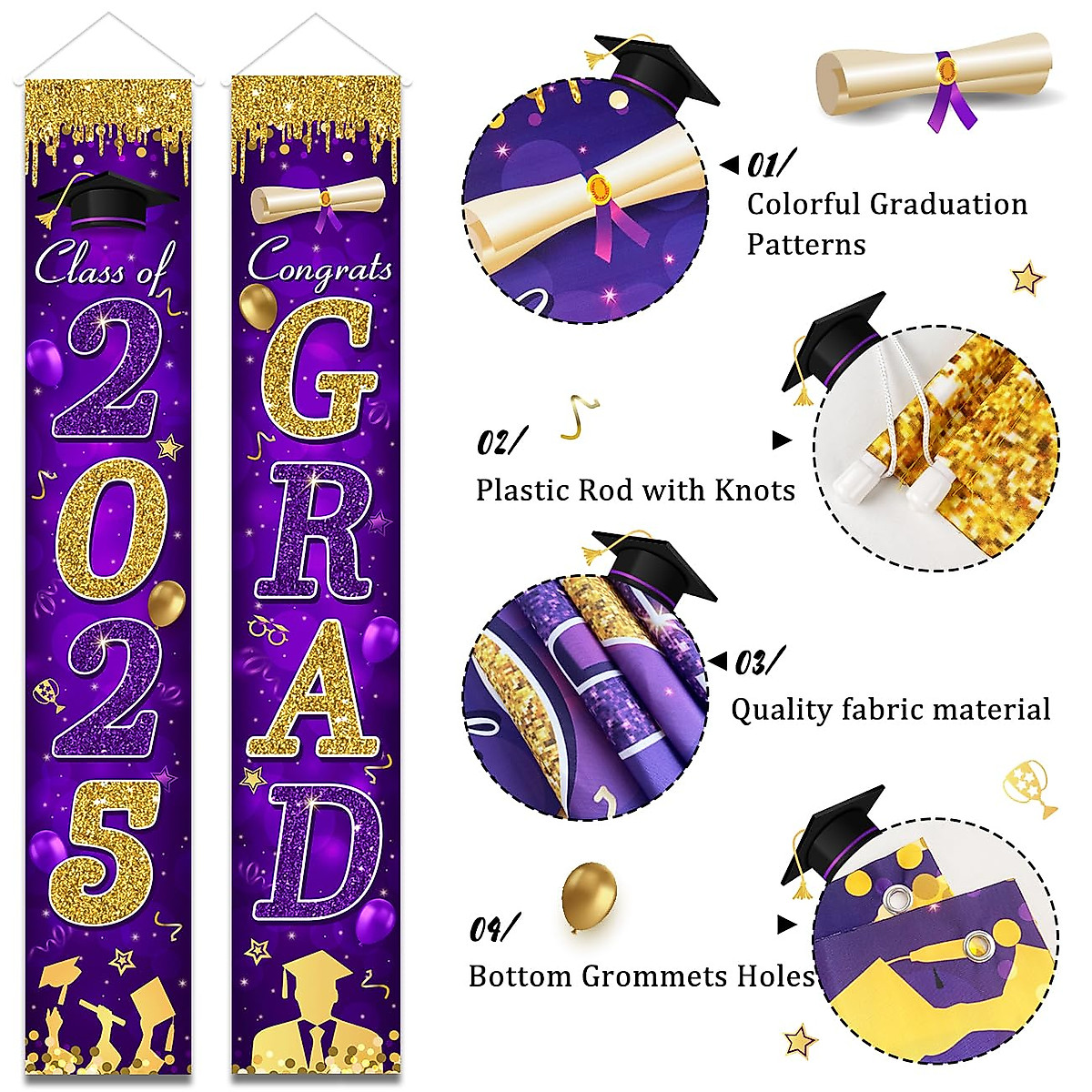Graduation Decorations Class of 2025 Purple and Gold Congrats Grad Banner and You Did It Graduation Door Cover for High School College Graduation Party Supplies(Purple)