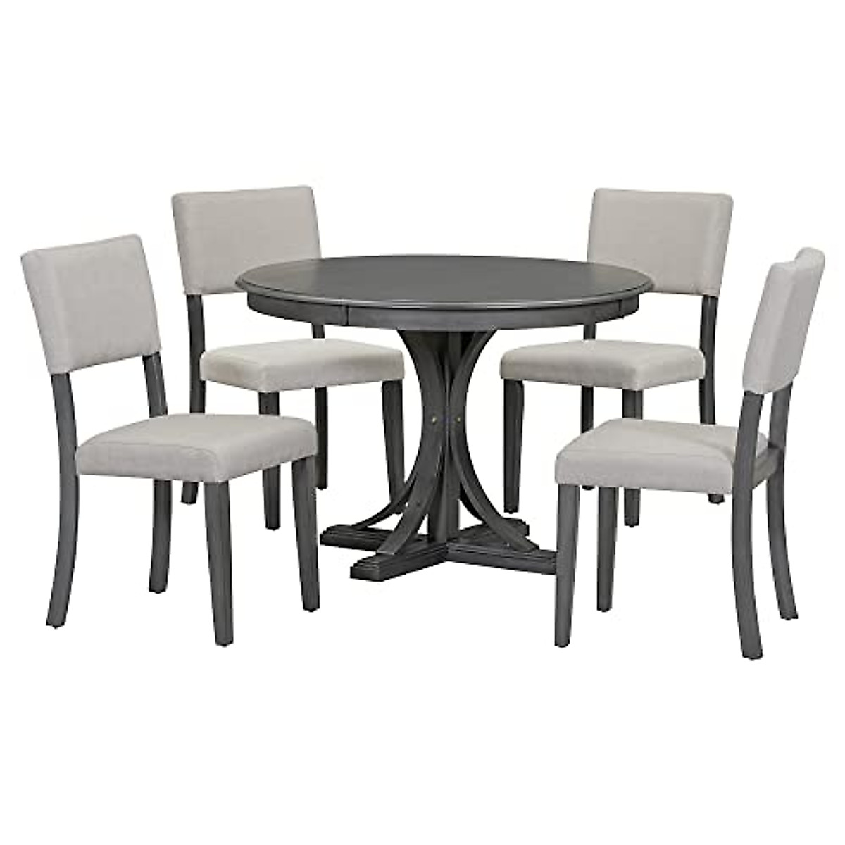 WOZNLA 5-Piece Round Kitchen Dining Table Set - Curved Trestle Style Legs, 4 Upholstered Chairs Included