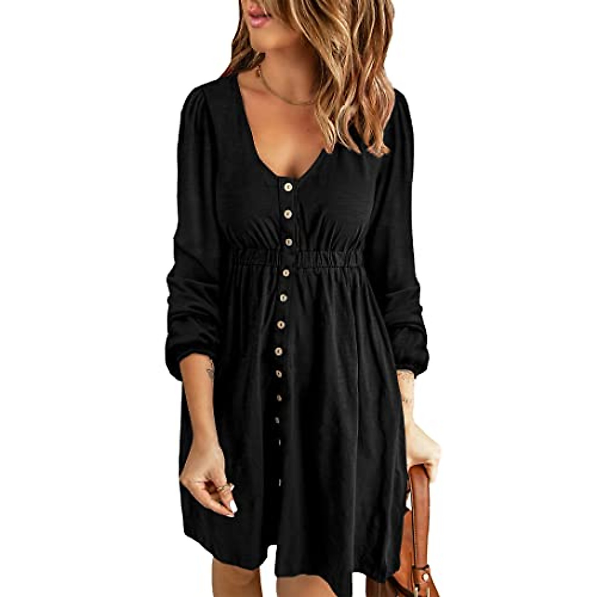 BTFBM Women 2023 Casual Button Down Summer Fall Dresses Long Sleeve Crew Neck Solid High Waist Short Tunic Mini Dress(Long Buttons Black, Medium)