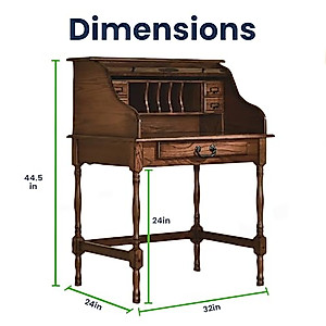 Furniture Dash - Mini Roll Top Desk USB - Standing Desk - Desk with Drawers - Rolling Desk - Wooden Desk - 32" W x 24" D x 44.5" H - 66lb (Burnished Walnut Finish)