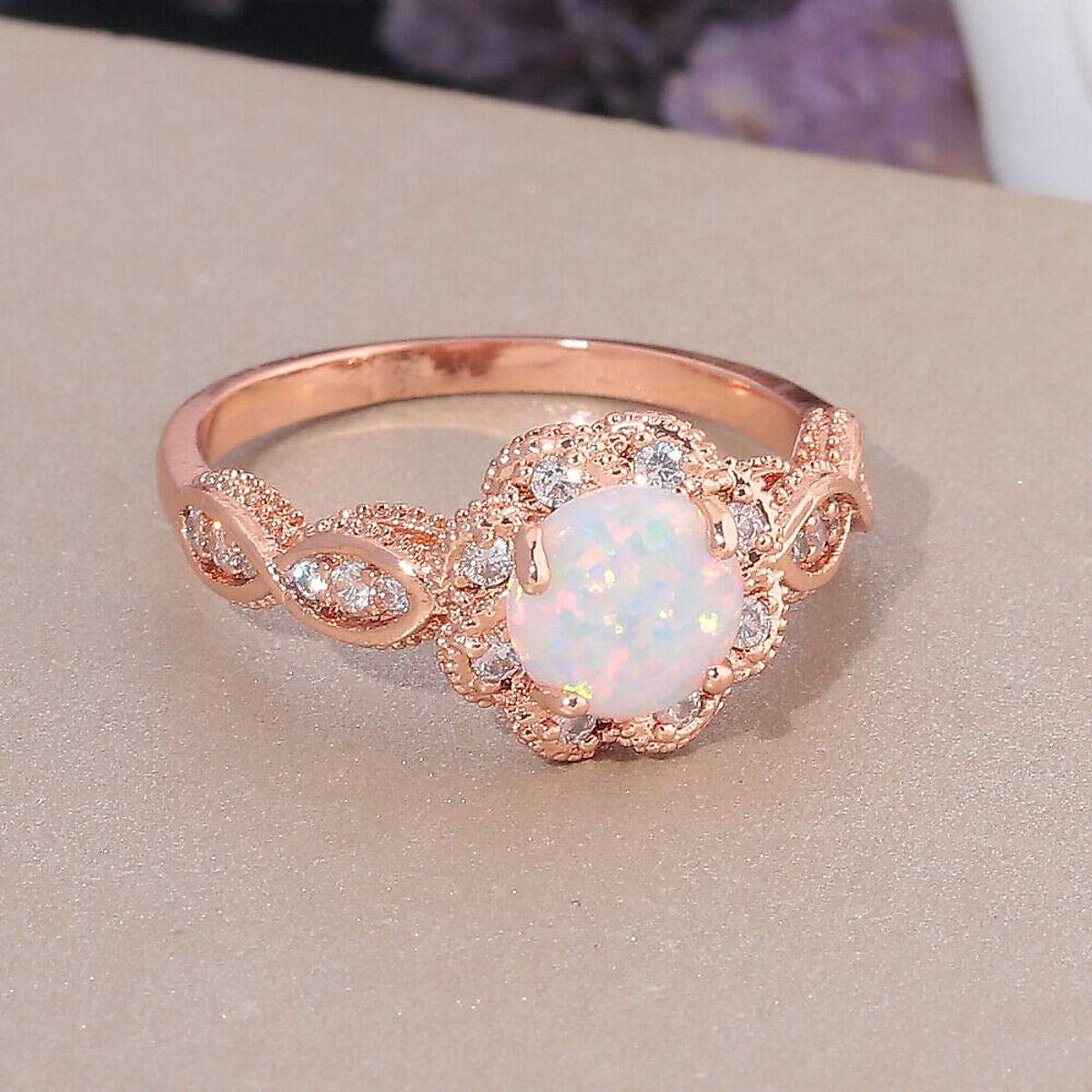 CiNily Opal Rings for Women-18K Rose Gold Plated White Fire Opal Zirconia Women Jewelry Gemstone Engagement Anniversary Ring Size 7