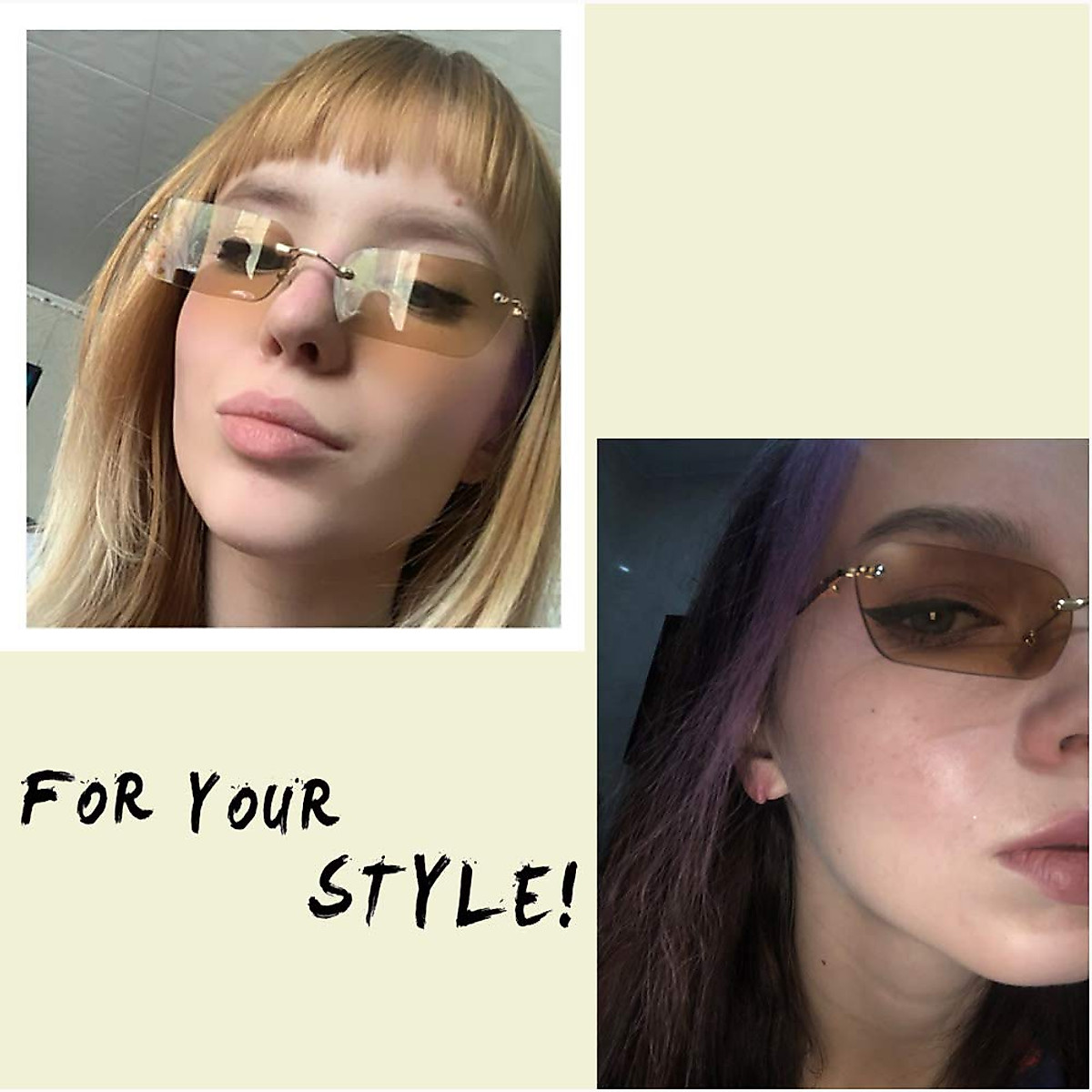 FEISEDY Rimless Sunglasses Y2K Sunglasses Retro Small Narrow Clear Eyewear Vintage Rectangle Sunglasses for Women Men B2643