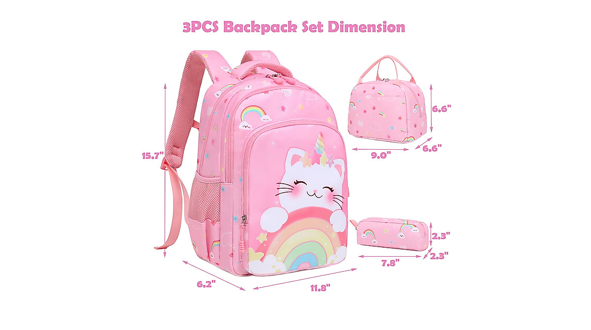 Pink Unicorn Cat Backpack Set for Girls - 3PC School Bag