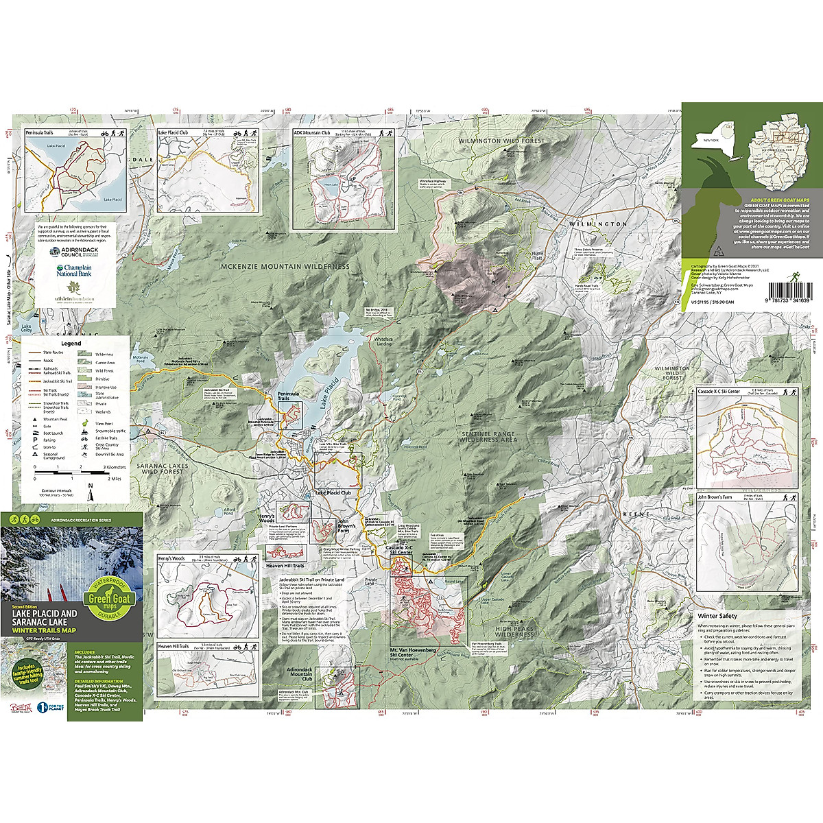 Lake Placid & Saranac Lake Winter Trails Map | Adirondacks High Peaks Hiking Map | Jackrabbit Ski Trail, Paul Smith’s College VIC, Cascade X-C Ski Center | Durable, Waterproof & Tear Resistant