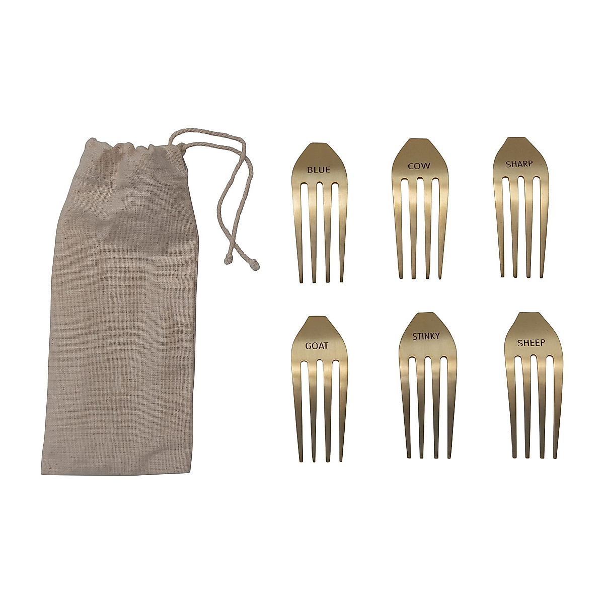 Creative Co-Op Stainless Steel Fork Cheese Markers with Drawstring Bag, Set of 6 Cutlery, Brass