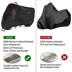 300D Upgraded Heavy Duty Motorcycle Cover, All Season Waterproof Outdoor Protection Scooter Cover with 2 Lock-Holes and 4 Reflective Strips Fits up to 98" Honda Yamaha Harley Suzuki Kawasaki (XXL)