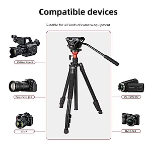 Fluid Head Tripod, COMAN Video Camera Tripod Monopod Aluminium Alloy 70.8 inch for Canon Nikon Sony DSLR Camera Black