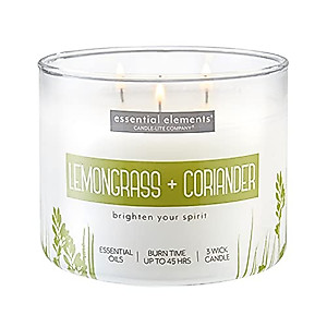 Essential Elements by Candle-lite Scented Candles, Lemongrass & Coriander Fragrance, One 14.75 oz. Three-Wick Aromatherapy Candle with 45 Hours of Burn Time, Off-White Color