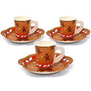 Gift Boutique 24 Disposable Christmas Gingerbread Party Cup 7 Oz 24 & 7" Paper Scallop Shaped Saucer Plates Set with Handle for Tea Hot Cocoa Chocolate Coffee Mugs Holiday Xmas Table Dinnerware Suppy