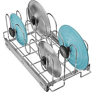 ROOMTEC Slide Out Pan and Pot Lid Organizer for Cabinet, Kitchen Pull Out Pot Lid Rack Pantry Cutting Board Bakeware Cookware Holder - 11in. W x 21in. D - Chrome