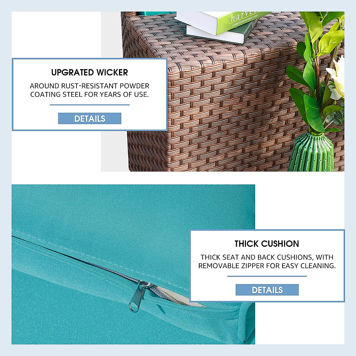 OC Orange-Casual Outdoor Furniture Brown Rattan Set Half-Moon Patio All-Weather Wicker Sofa with Coffee Table, Turquoise Cushion 7-Piece (Pillows & Waterproof Cover Included)