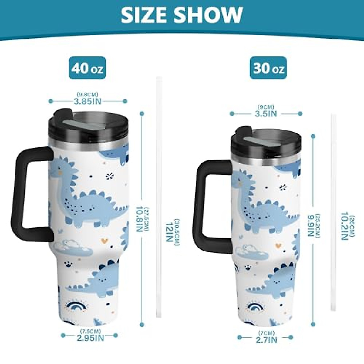 FRCSDIY Cartoon Dinosaur Insulated Tumbler with Handle and Straw Lid,40oz Leakproof Stainless Steel Cup BPA-Free Water Bottle