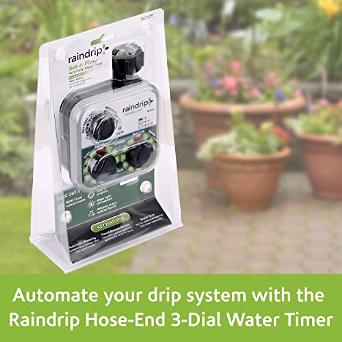 Raindrip R675CT Analog 3-Dial Water, Sprinkler Timer with Rain Delay for Drip Irrigation, Garden, Self-Watering