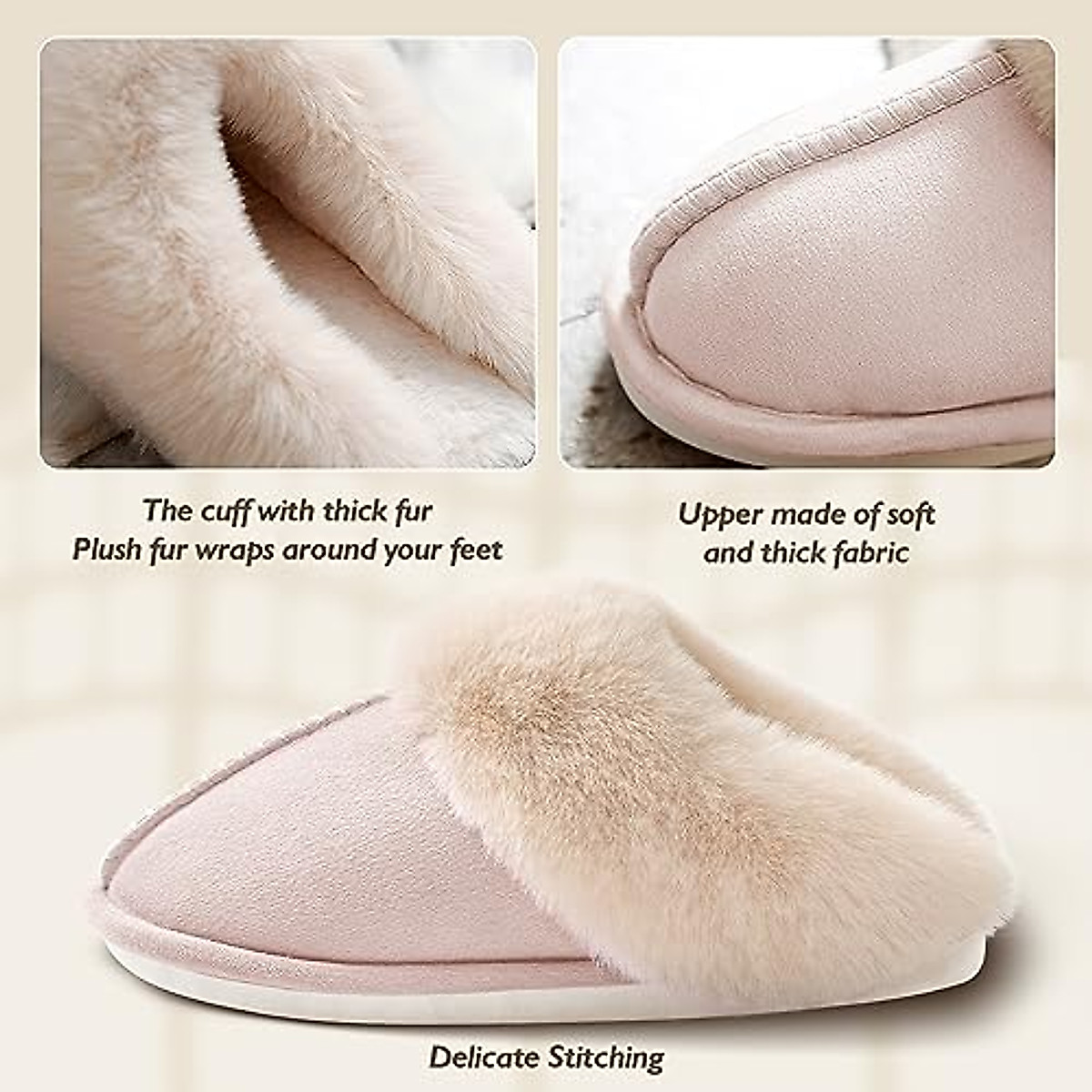 SOSUSHOE Womens Slippers Memory Foam Slippers Fluffy Slippers Warm Soft House Slippers for Women Non-Slip Indoor Outdoor,Beige