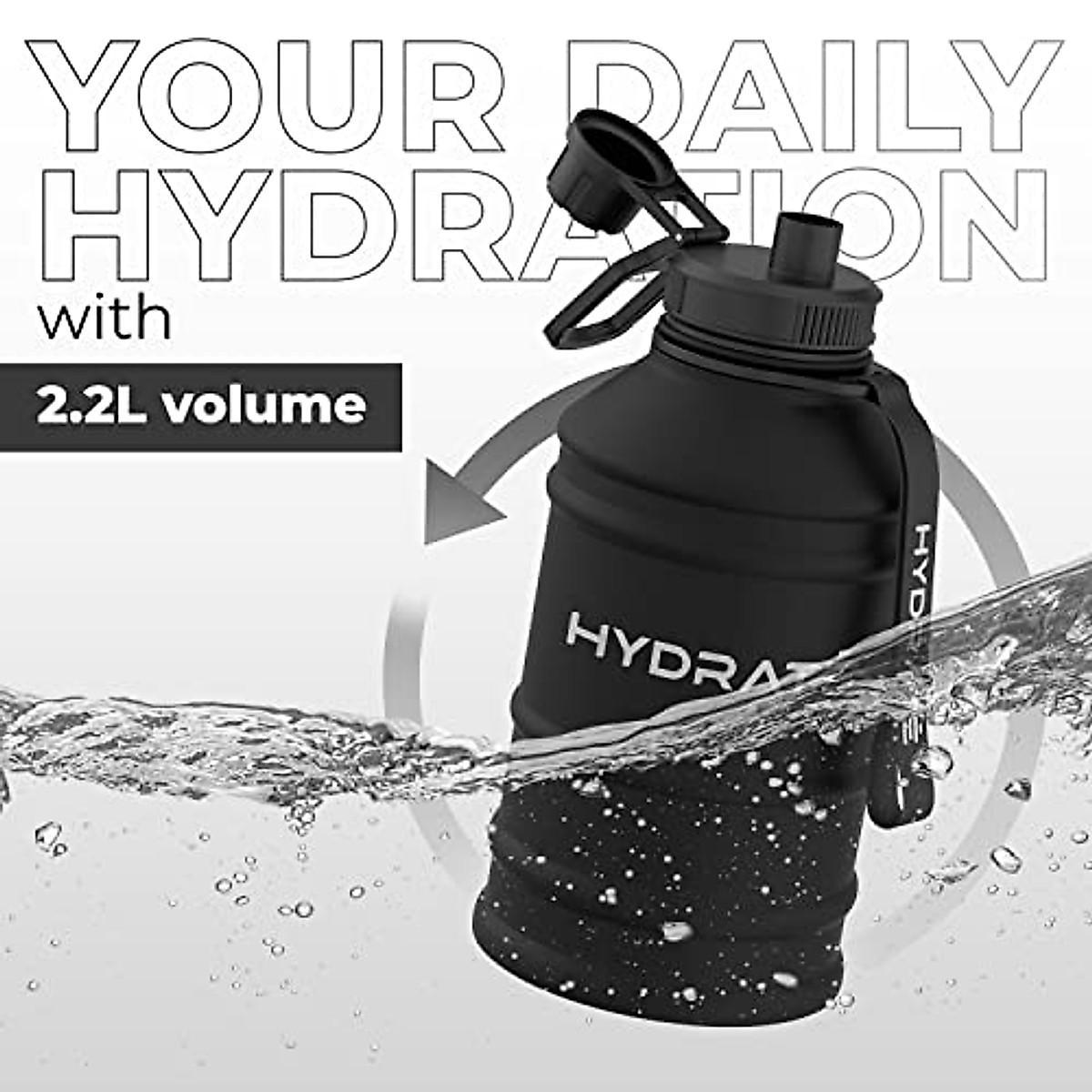 HYDRATE 74 Oz Stainless Steel Water Bottle - BPA Free Metal Water Bottle for Gym, Exercise - Water Jug with Convenient Nylon Carrying Strap and Leak-Proof Screw Cap Water Bottles for Men, Women, Adult