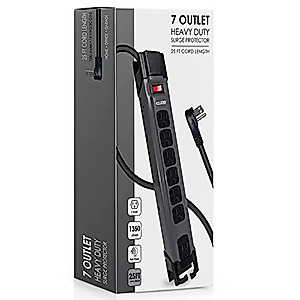 Digital Energy 25-FT 7 Outlet Metal Surge Protector Power Strip 14 AWG Extension Cord, 1350 Joules, Heavy Duty Workshop Mountable Built in Cord Management, Grey