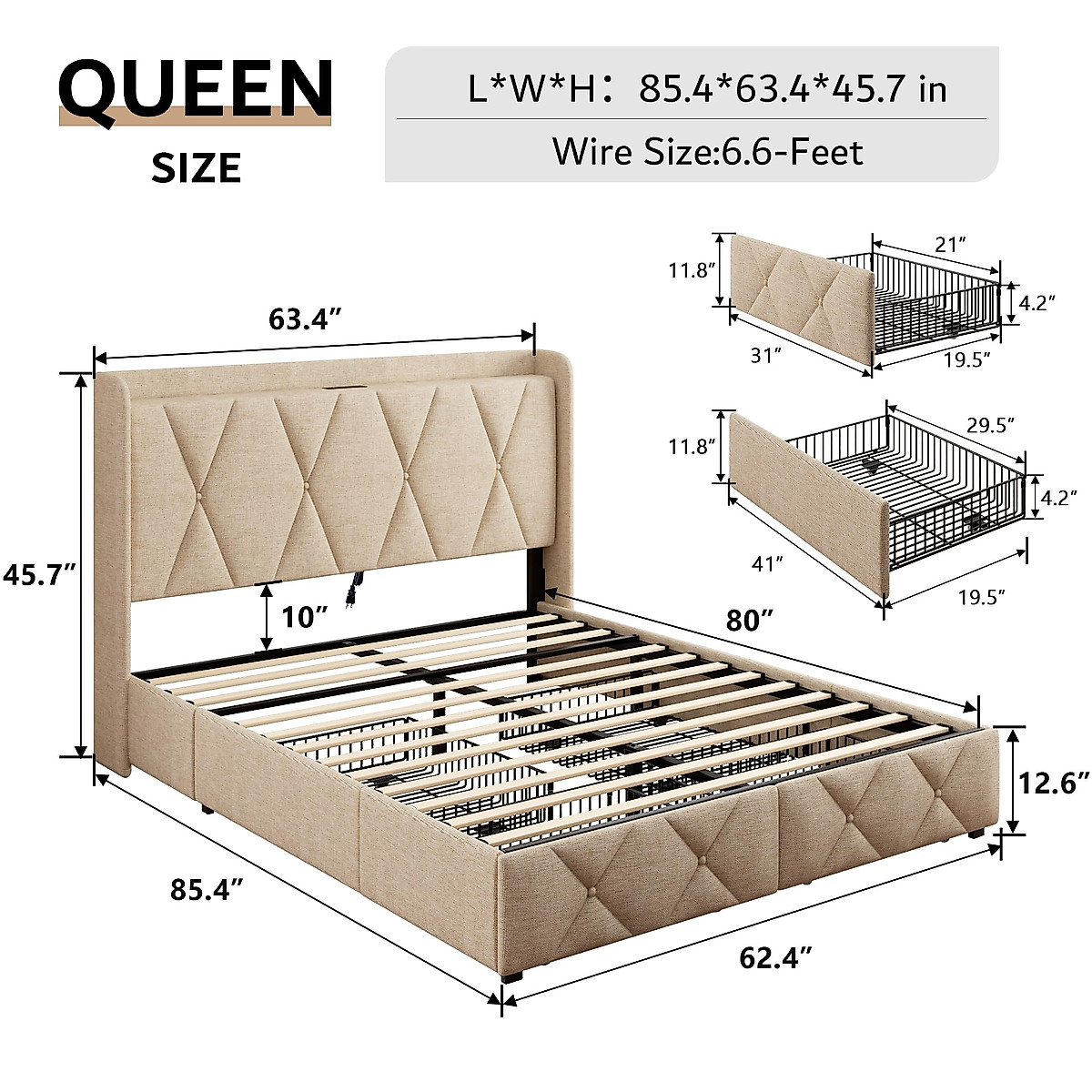 iPormis Queen Bed Frame with 4 Storage Drawers, Upholstered Platform Bed Frame with Charging Station, Modern Wingback Storage Headboard, Easy Assembly, Beige