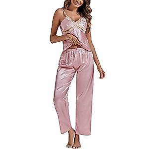 LYANER Women's Satin Silk Pajamas Set V Neck lace Trim Cami Top and Pants Sleepwear Pjs Set Pink Medium