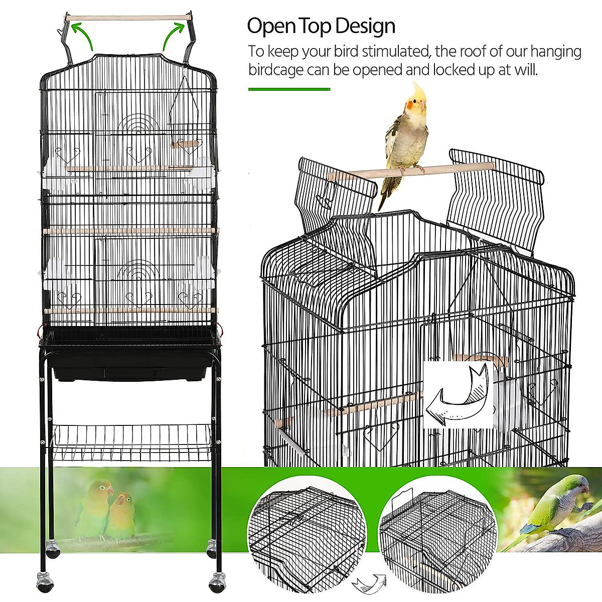 Yaheetech 64-inch Play Open Top Medium Small Bird Cage with Detachable Rolling Stand for Parrot Lovebirds Finches Canaries Parakeets Cockatiels Budgie Parrotlet Conures