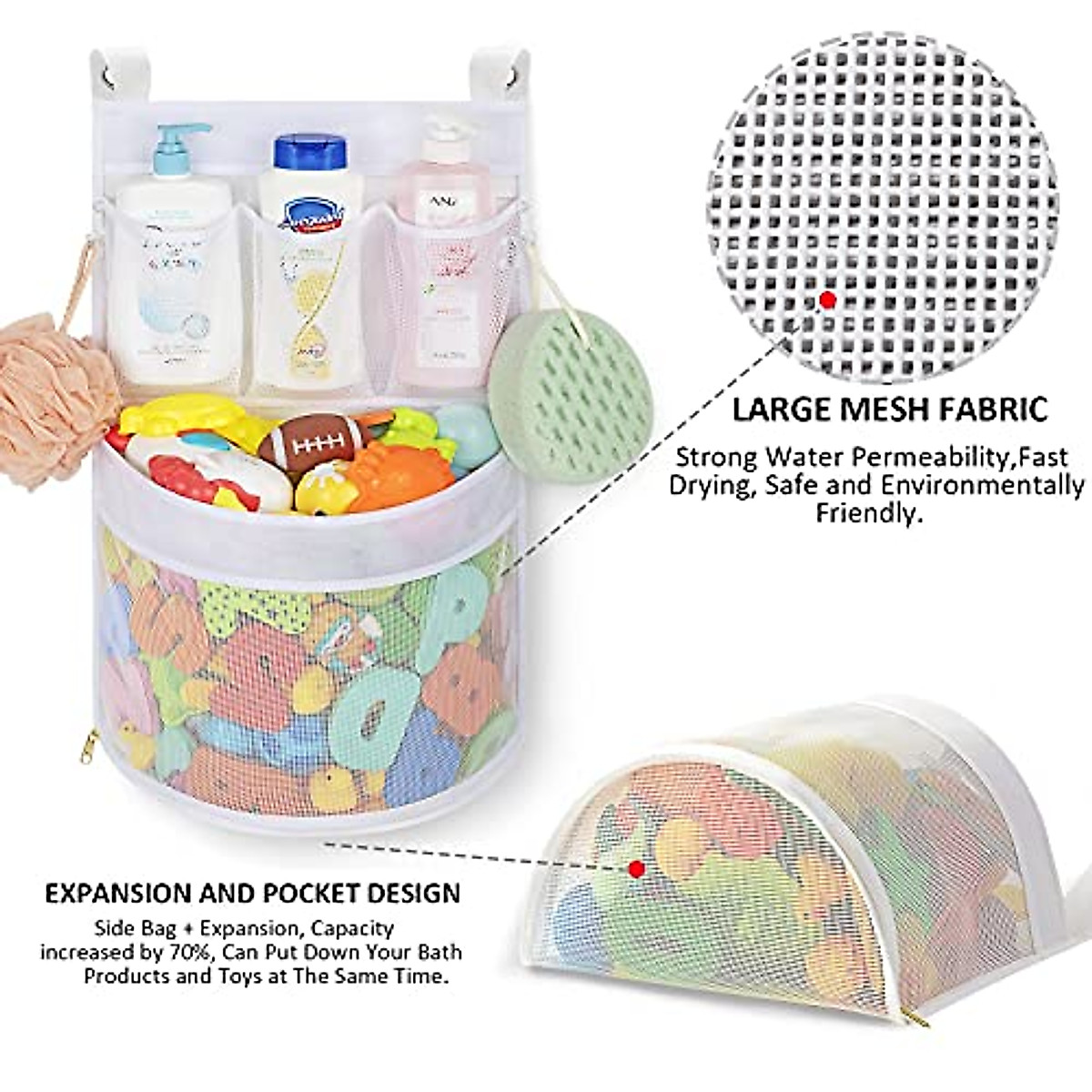 Baby Bath Toy Organizer, quick drying， and mould proof, Multiple-Suspension Bath Toy Holder, Large Capacity Multi Use Bathtub Toy Storage Bag（1 Large, White）