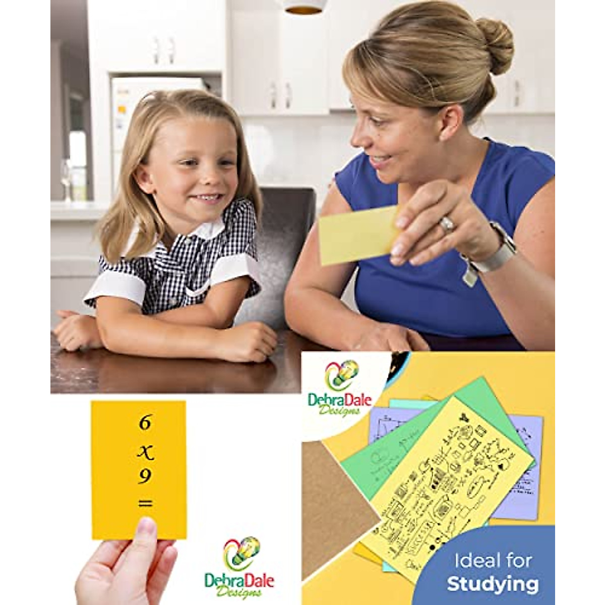 1,100 blank flashcards (2" x 3-1/2") in 5 colors, with storage box. Ideal for students, teachers, note-taking, and language learning. Made in USA.