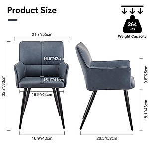 TUKAILAi Leisure Dining Chairs Set of 2, Faux Leather Upholstered Seat Kitchen Chairs with Armrests, Backrest and Metal Legs, Comfy Accent Lounge Chair for Reception Room Living Room (Blue)