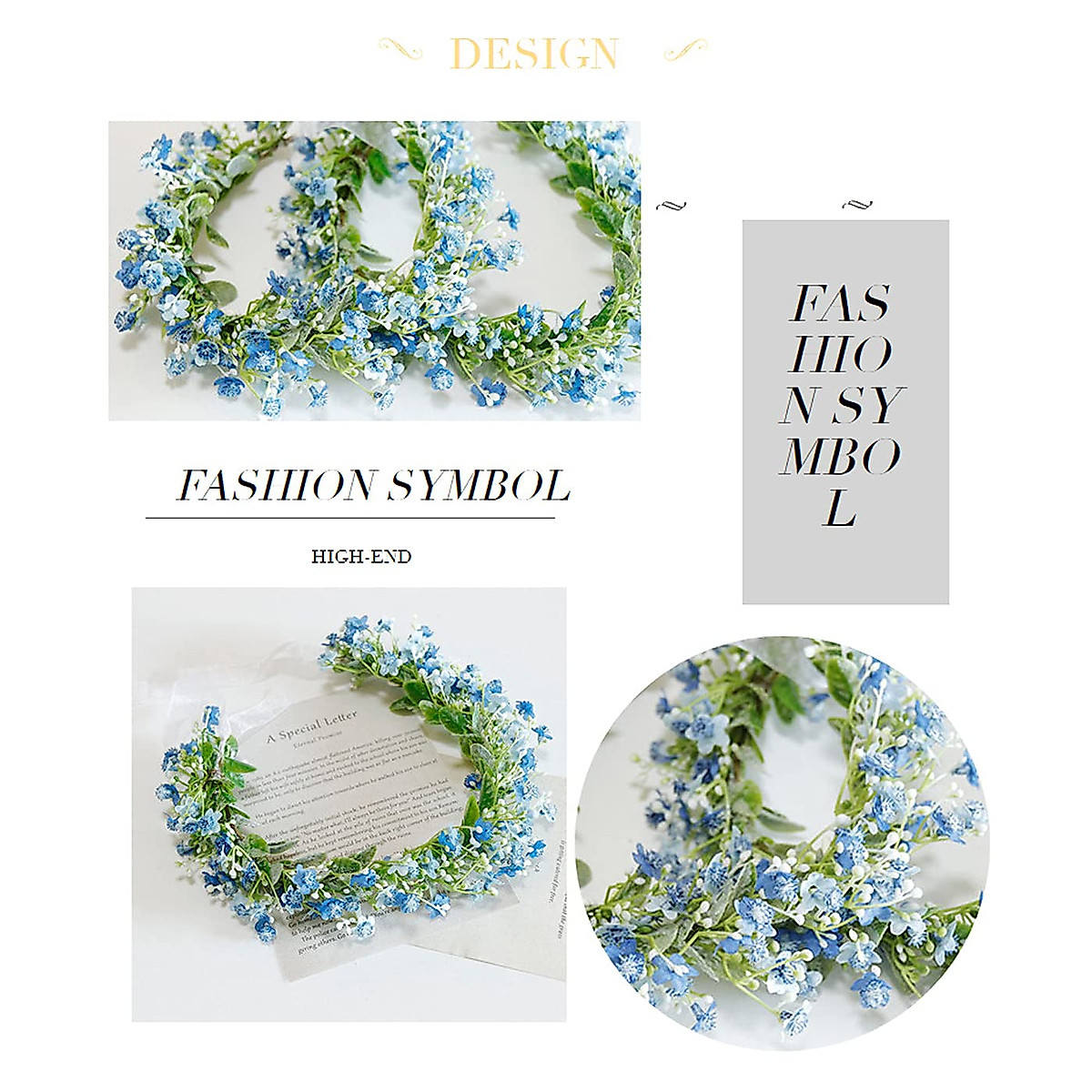 DDazzling Women Girs Flower Crown Bridal Eucalyptus Halo Wedding Floral Headband Photo Shoot (Gypsophila Paniculata Blue)