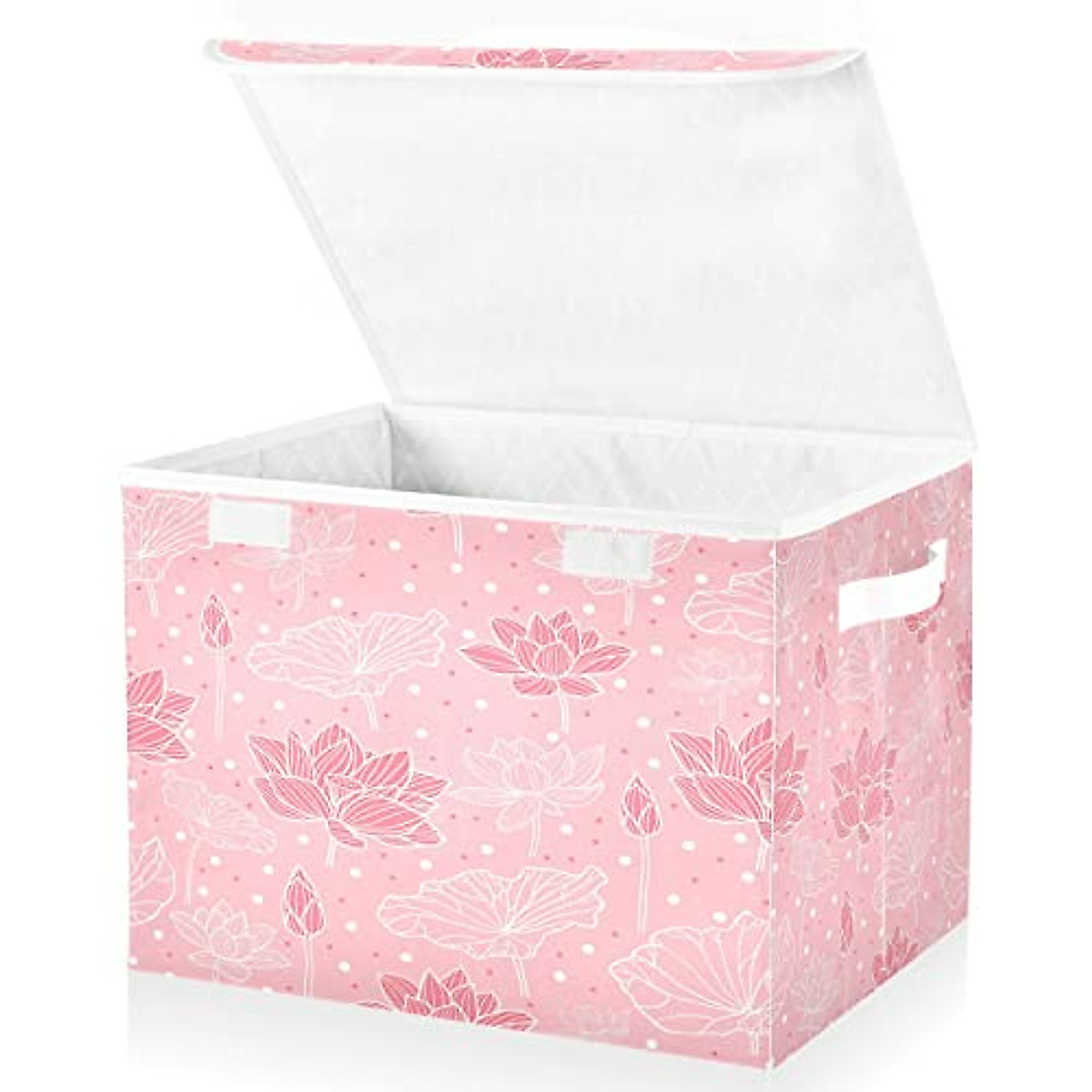 Kigai Pink Lotus Polka Dot Storage Basket with Lid Collapsible Storage Bin Fabric Box Closet Organizer for Home Bedroom Office 1 Pack
