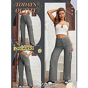 QYANGG High Waist Cargo Pants Women Stretch Baggy Cargo Pants Women Multiple Pockets Relaxed Fit Straight Wide Leg Y2K Pants Grey