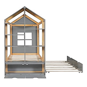 Merax Twin Size House Platform Bed with Storage Shelves, Wooden Bed Frame with Trundle, Grey
