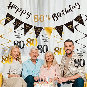 80th Birthday Decoration Kit, Happy 80th Birthday Banner Bunting Swirls Streamers, Triangle Flag Banner for Birthday Party Decorations Supplies Black and Gold 80th