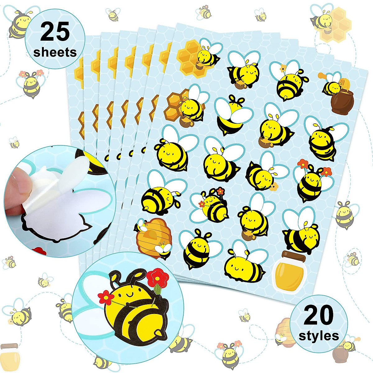 500 Pieces Bee Theme Stickers for Kids Classroom Decoration Cute Honey Bee Theme Stickers Summer Waterproof Bee Theme Stickers for Teachers for Summer Bee Theme Party Classroom Supplies, 20 Styles