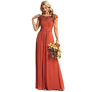 Ever-Pretty Women's Cap Sleeve Ruched Lace A Line Round Neck Chiffon Formal Dresses Evening Gowns Burnt Orange US14